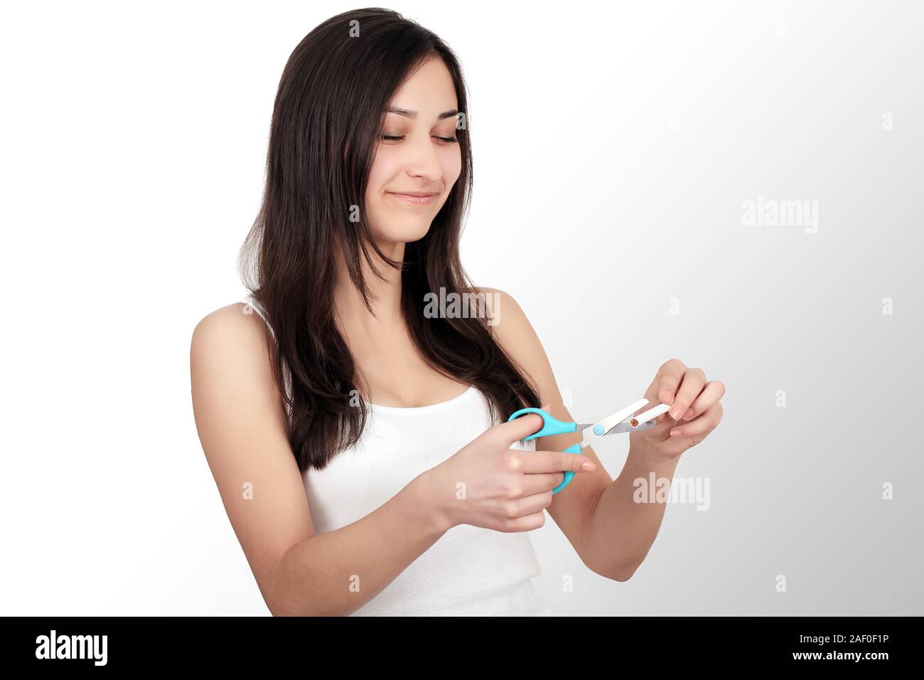 Healthy Young Woman Refusing To Take Cigarette From Pack. Portrait Of ...