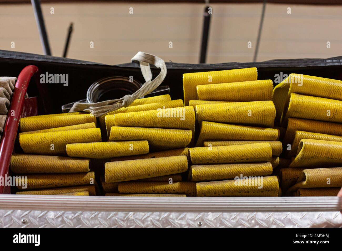Folded fire hose on back of fire engine Stock Photo - Alamy