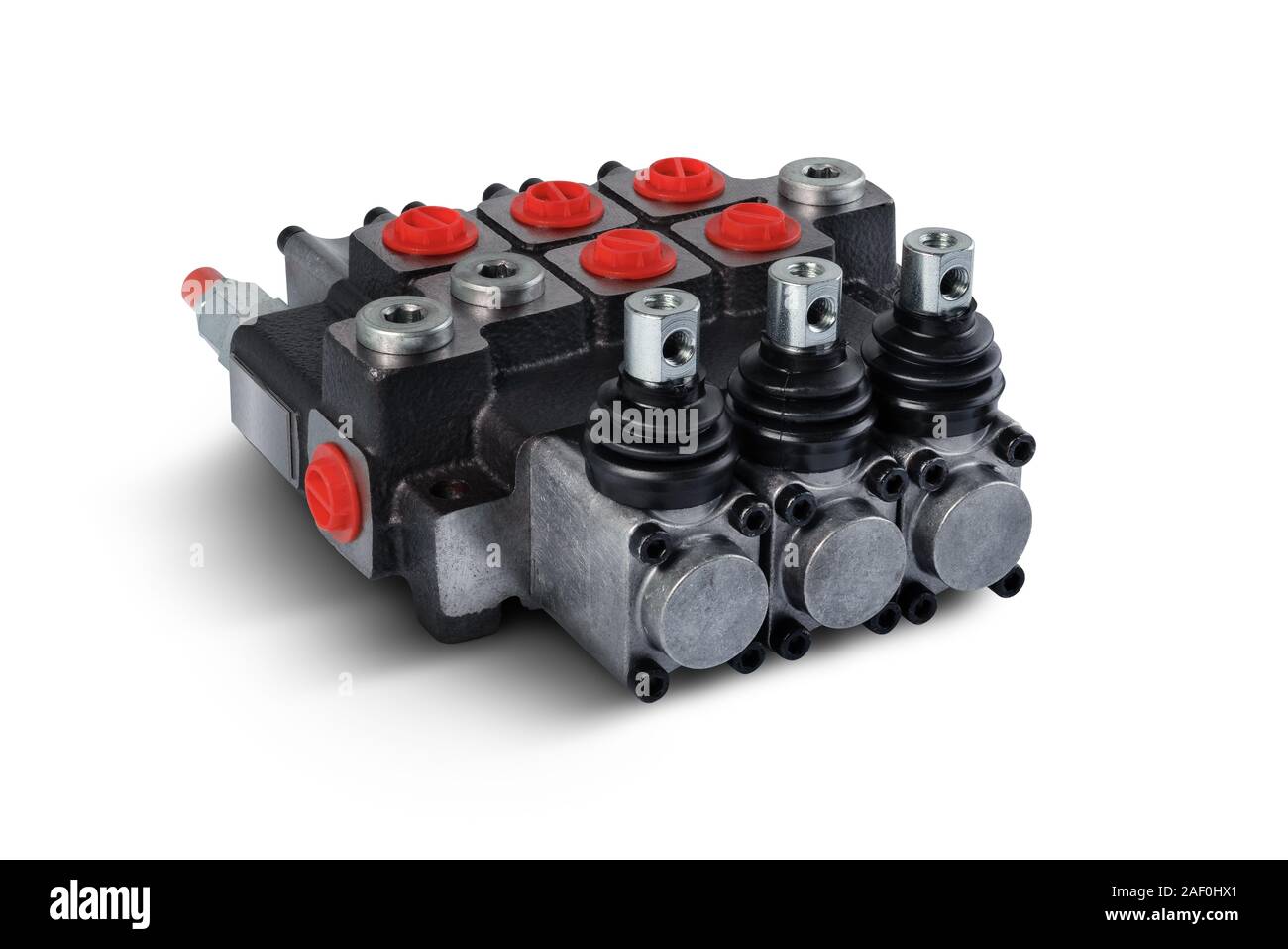 Three section Hydraulic distributor of the tractor on isolated white ...