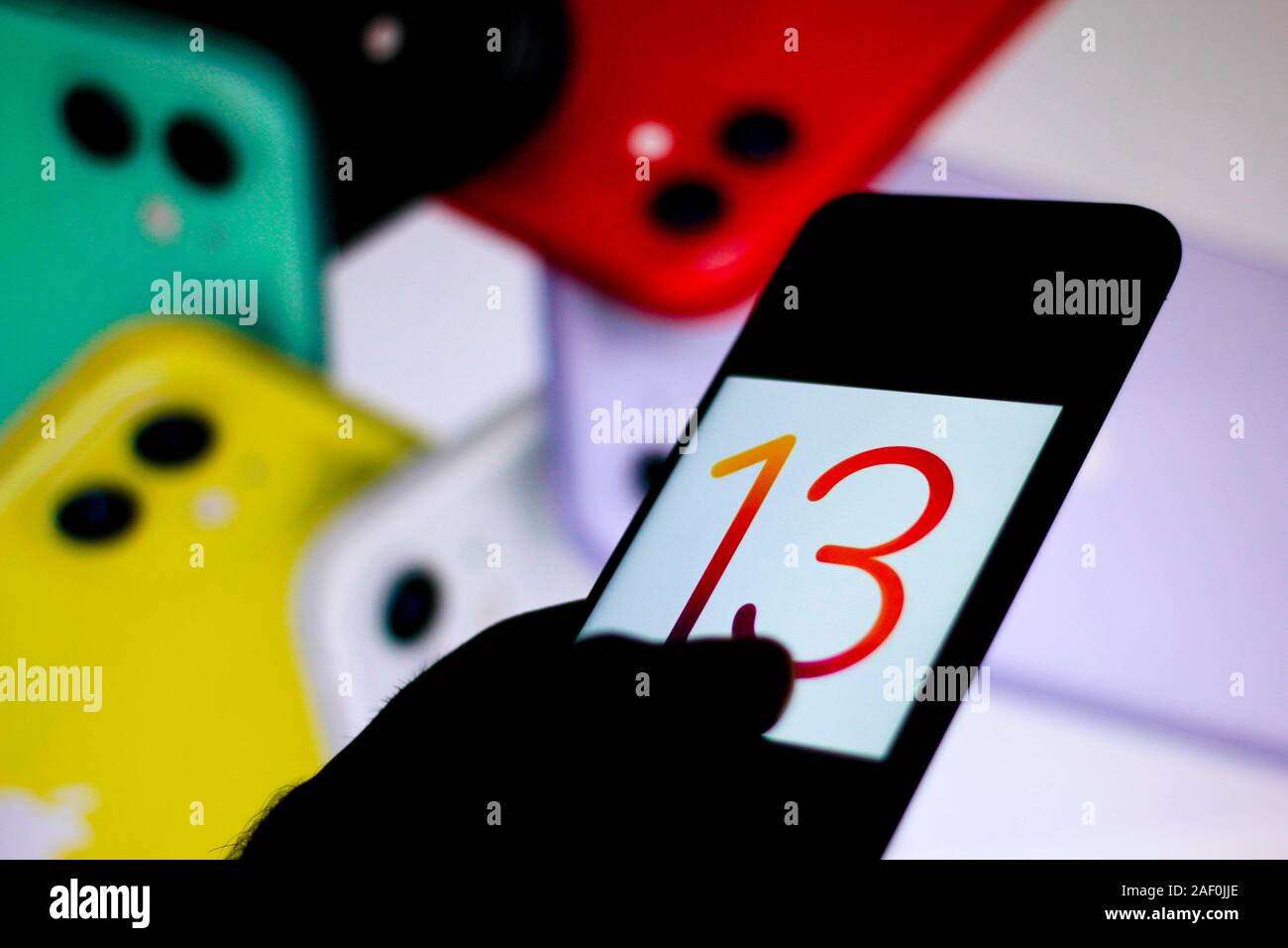 Brazil. 11th Dec, 2019. In this photo illustration the iOS 13 logo is ...