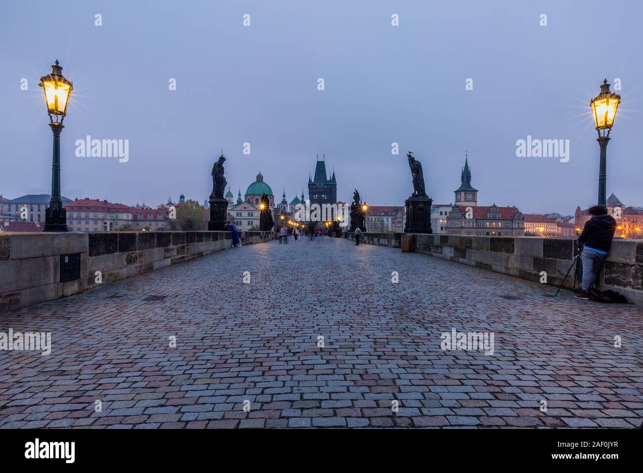 Main landmarks of Prague, Czech Republic. Charles Bridge (Karluv Most) and Old Town Tower at ...