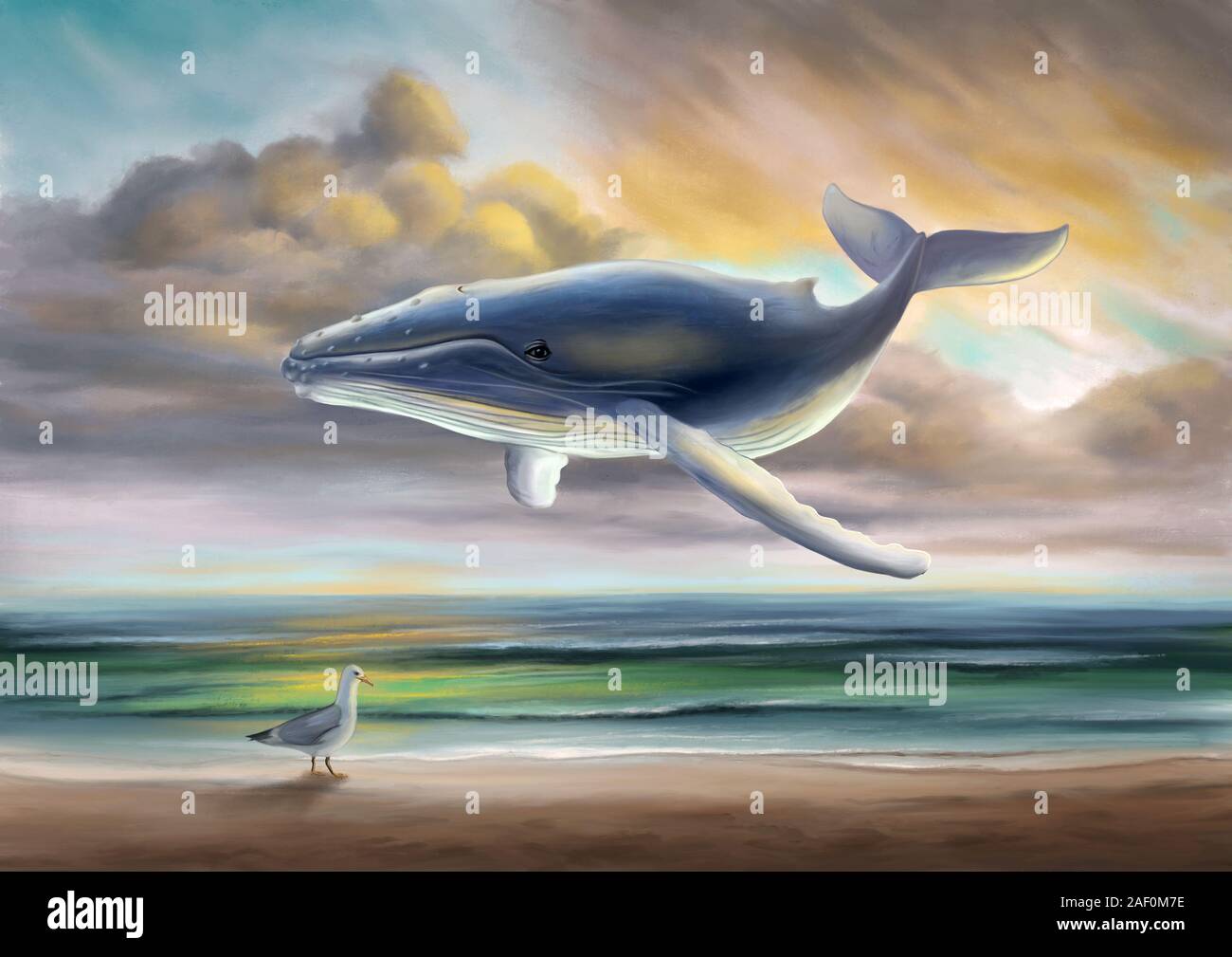 Whale floating over the sea at sunset. Digital painting Stock Photo - Alamy