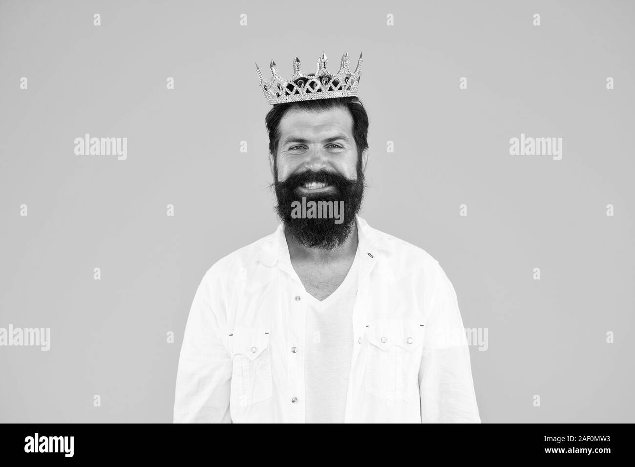 Responsibility being king. Handsome bearded guy king on yellow ...