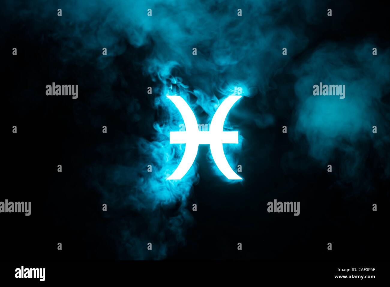 blue illuminated Pisces zodiac sign with smoke on background Stock ...