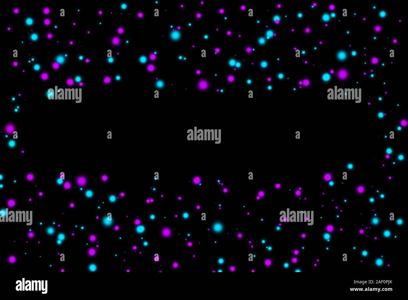 Neon cyan and purple dots on black background. Template with a place ...