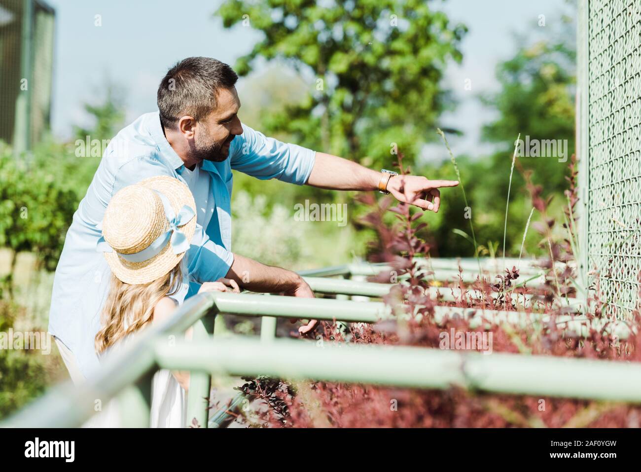 selective focus of father pointing with finger near kid and plants ...