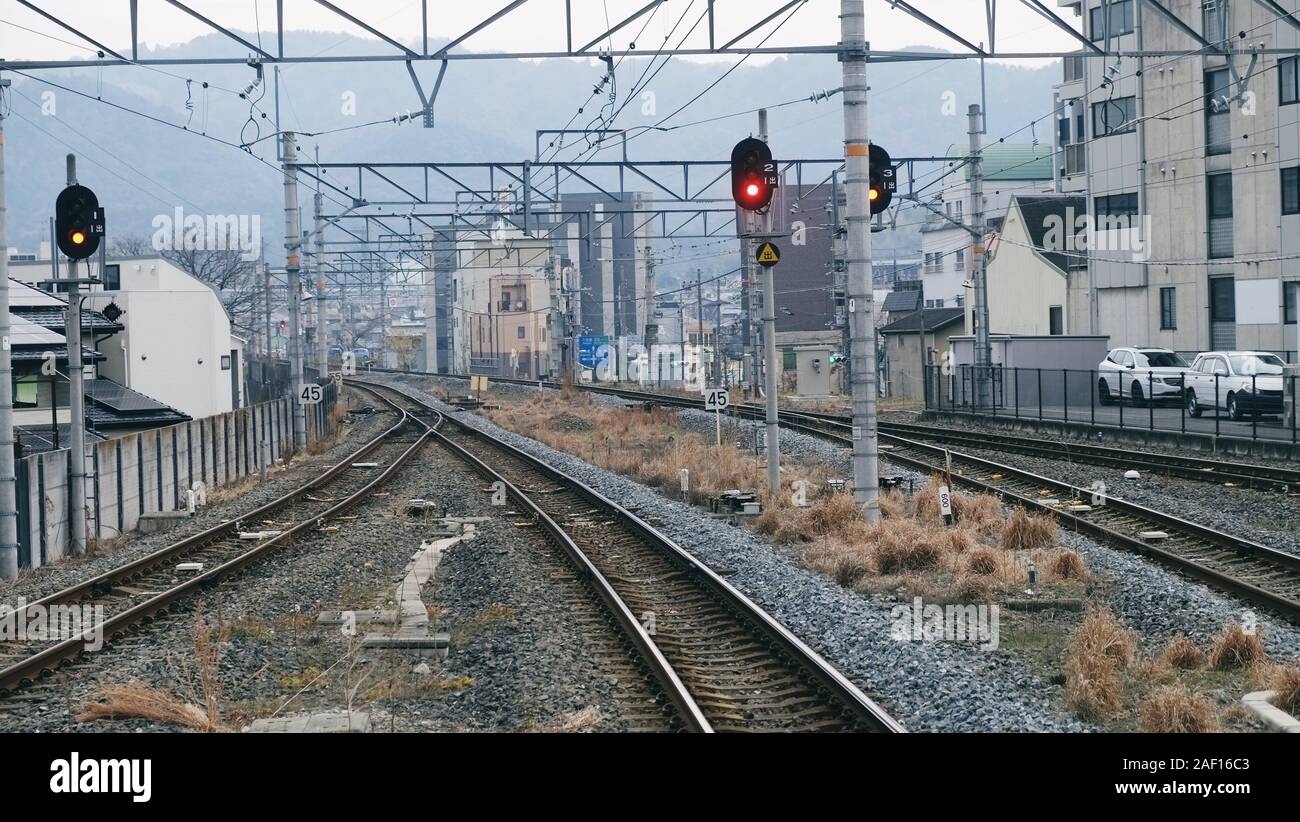 Vintage railroad tracks / Railway train station in Japan Stock Photo ...