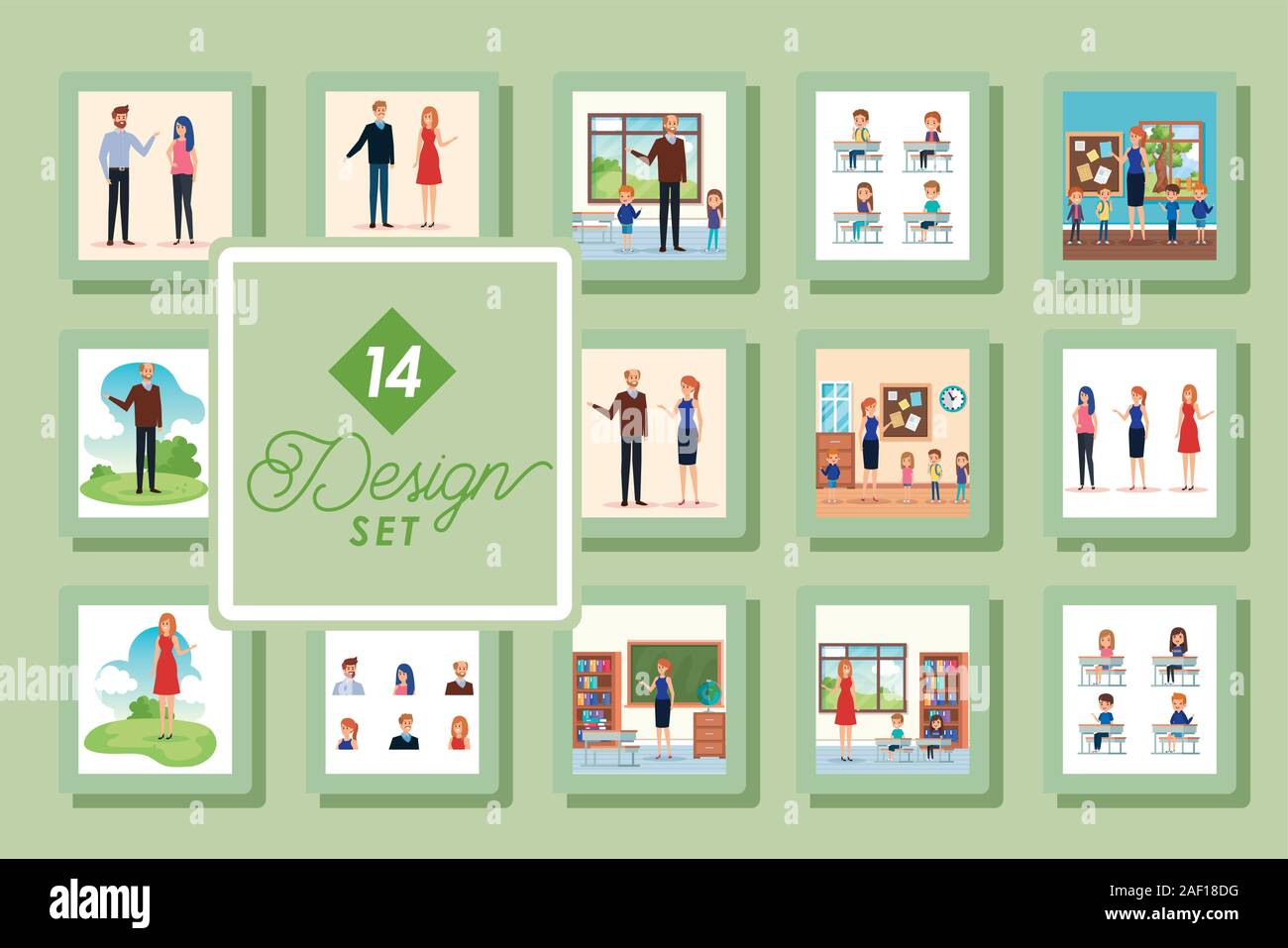 set of fourteen designs with teachers and students Stock Vector Image ...