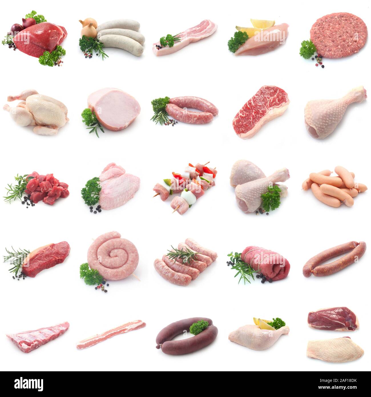 Collage Of Various Sorts Of Meat And Meat Products Isolated On White ...