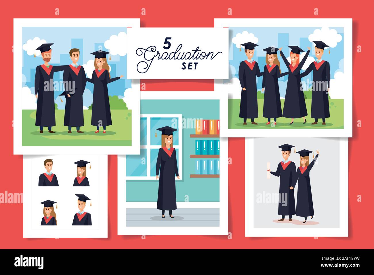 set of five scenes graduation with young people Stock Vector Image ...