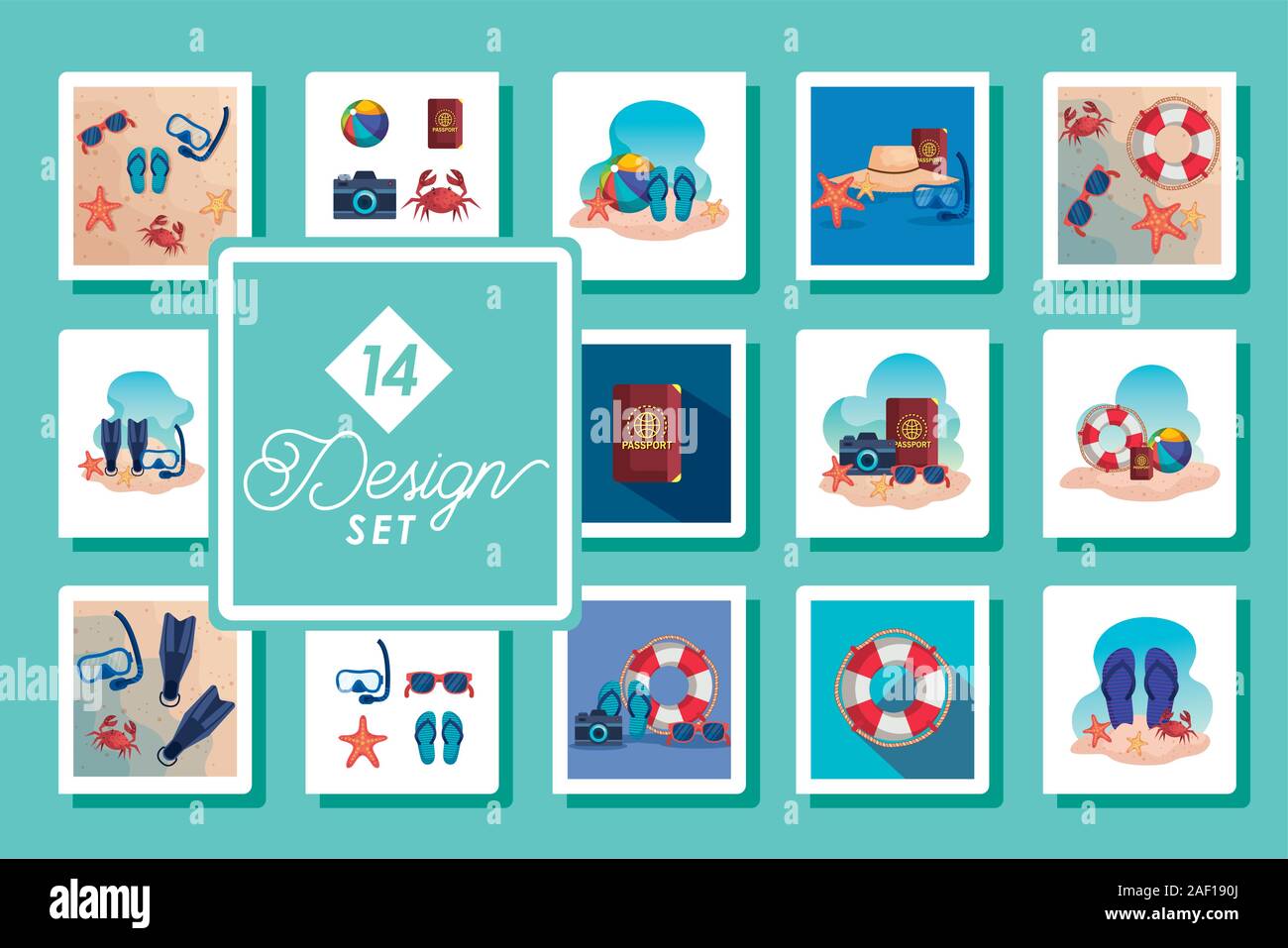 set of fourteen designs summer scenes with icons Stock Vector Image ...