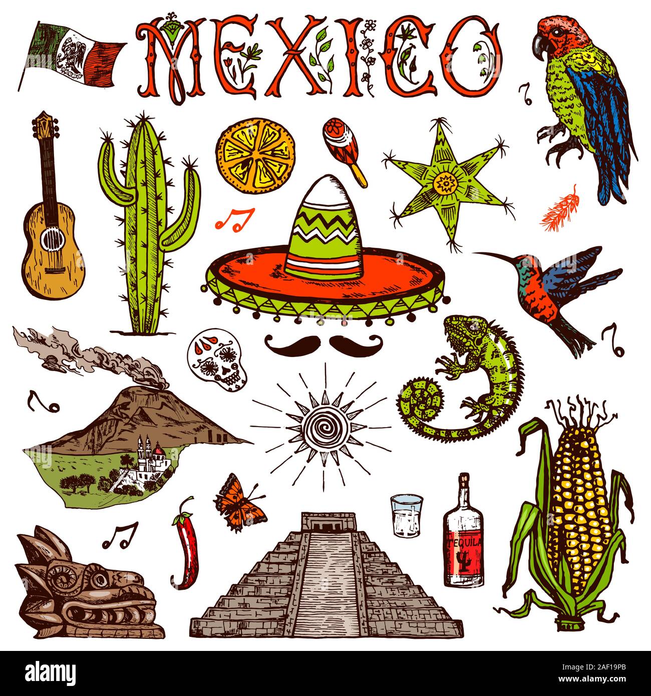 Mexico set in vintage style. Traditional national costume on a woman, animals, plants and ...