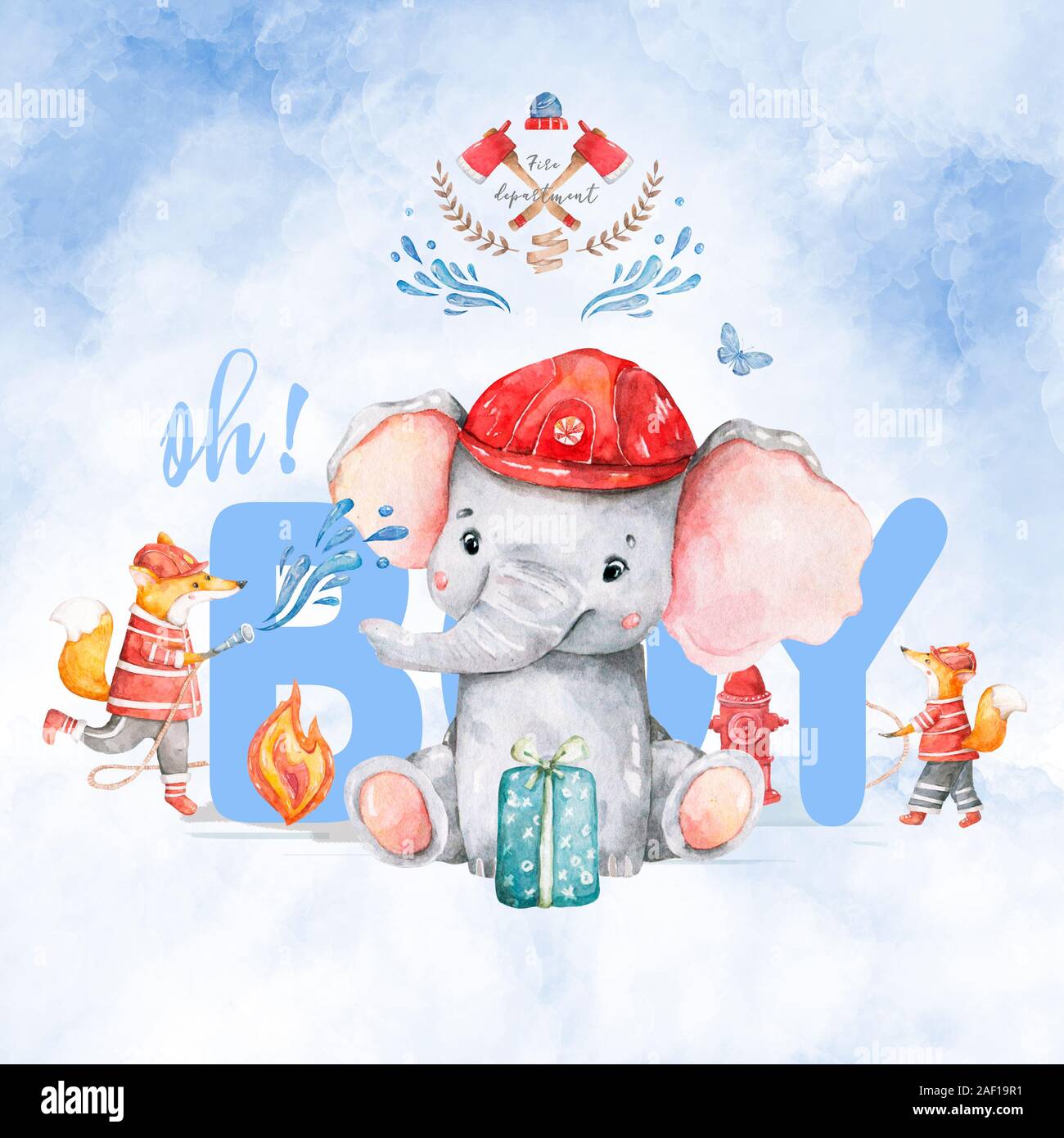 Cute baby elephant with foxes little Firefighters Watercolor hand drawn ...
