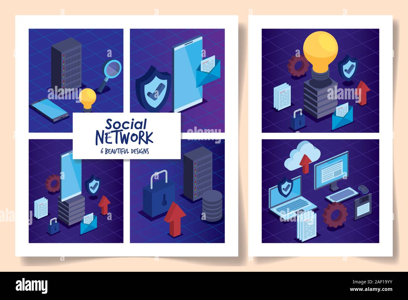 set of six social network designs with icons Stock Vector Image & Art ...