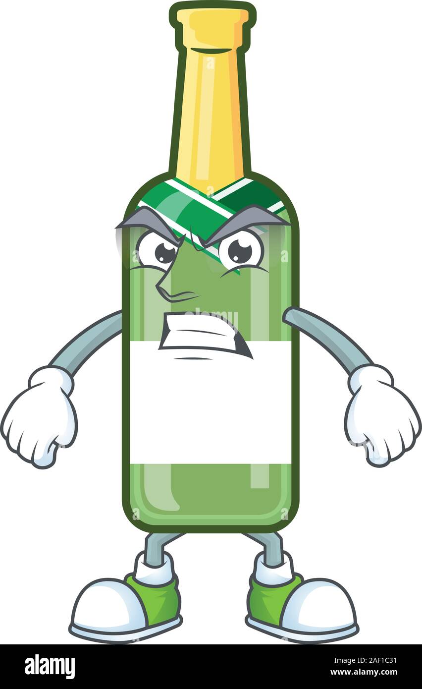 Champagne green bottle cartoon character style with angry face Stock ...