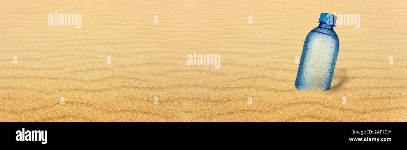A cold bottle of water isolated on sand dune on desert beach. Drinking ...