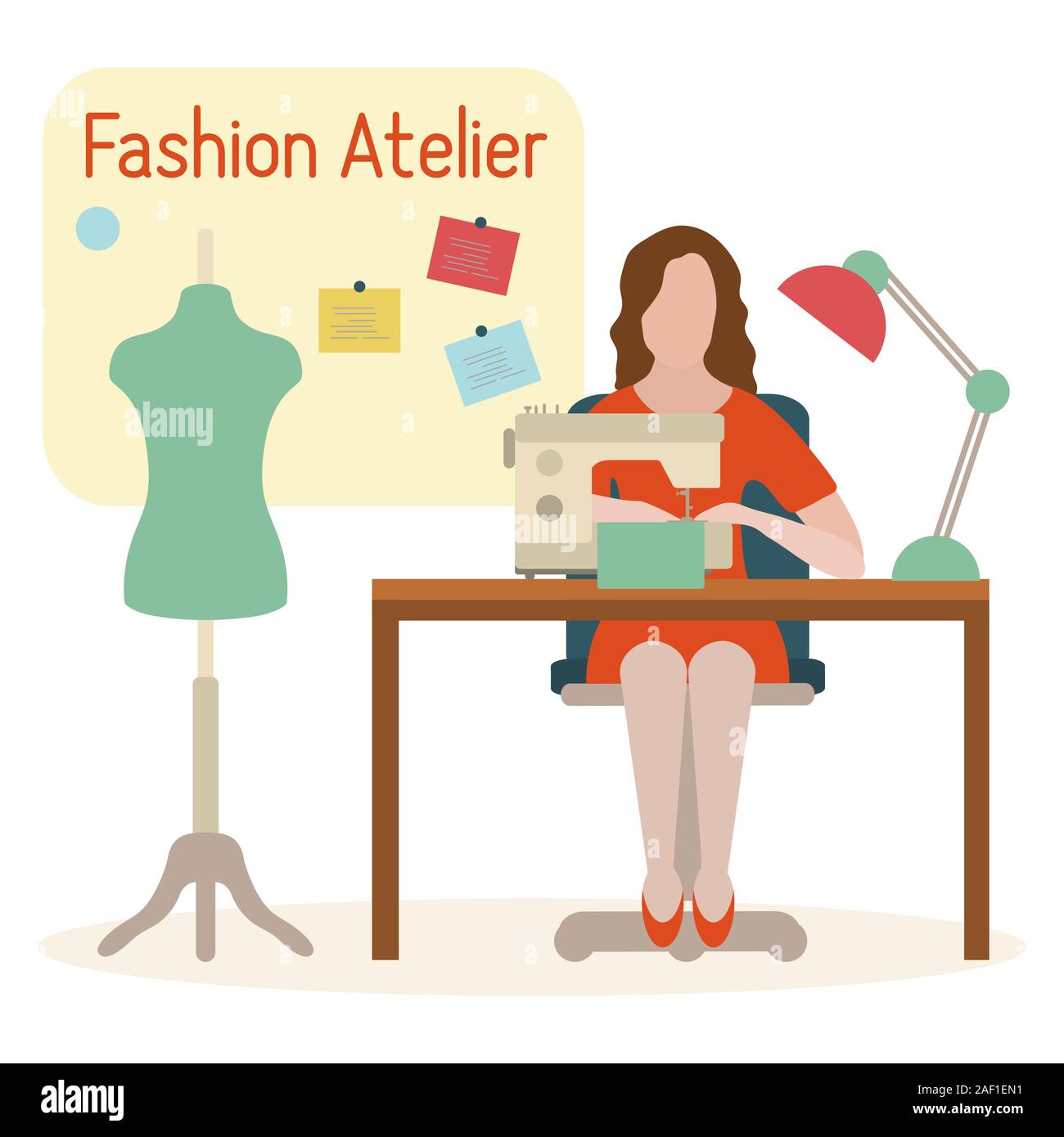 Vector illustration on white background Woman seamstress works on ...
