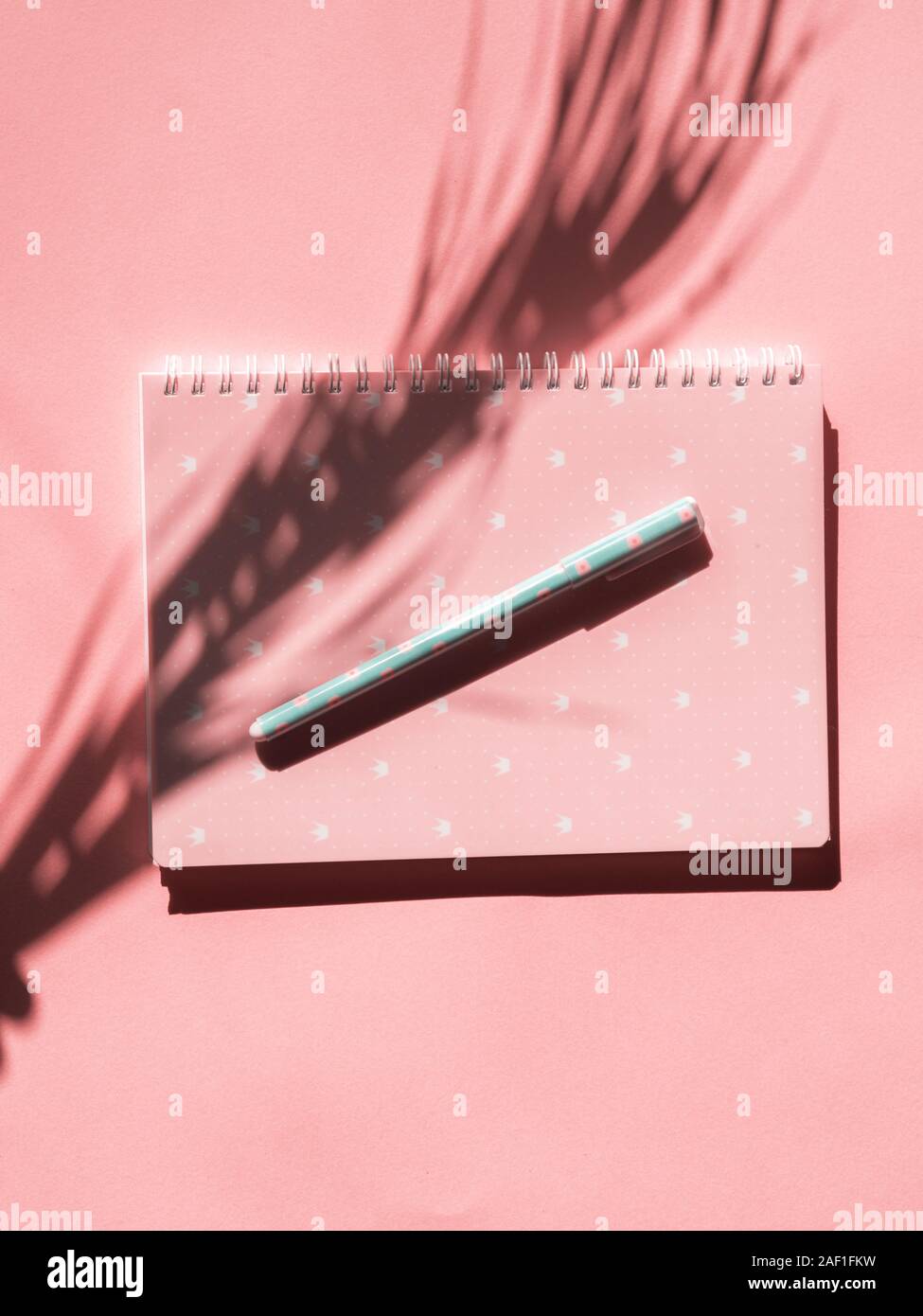 Pink notebook with pen and tropical plant shadow on pink background ...