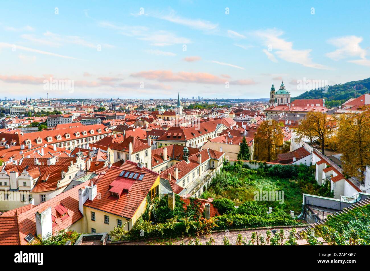 View of Prague including downtown, parts of Old town, the Vltava river ...