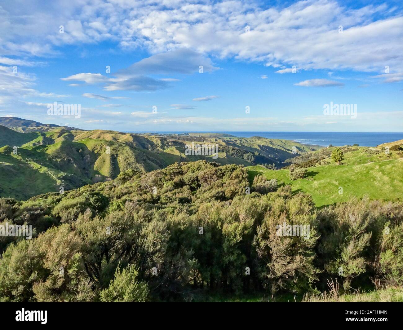 A glimpse of the ocean and coastline beyond the rural untamed hills and ...