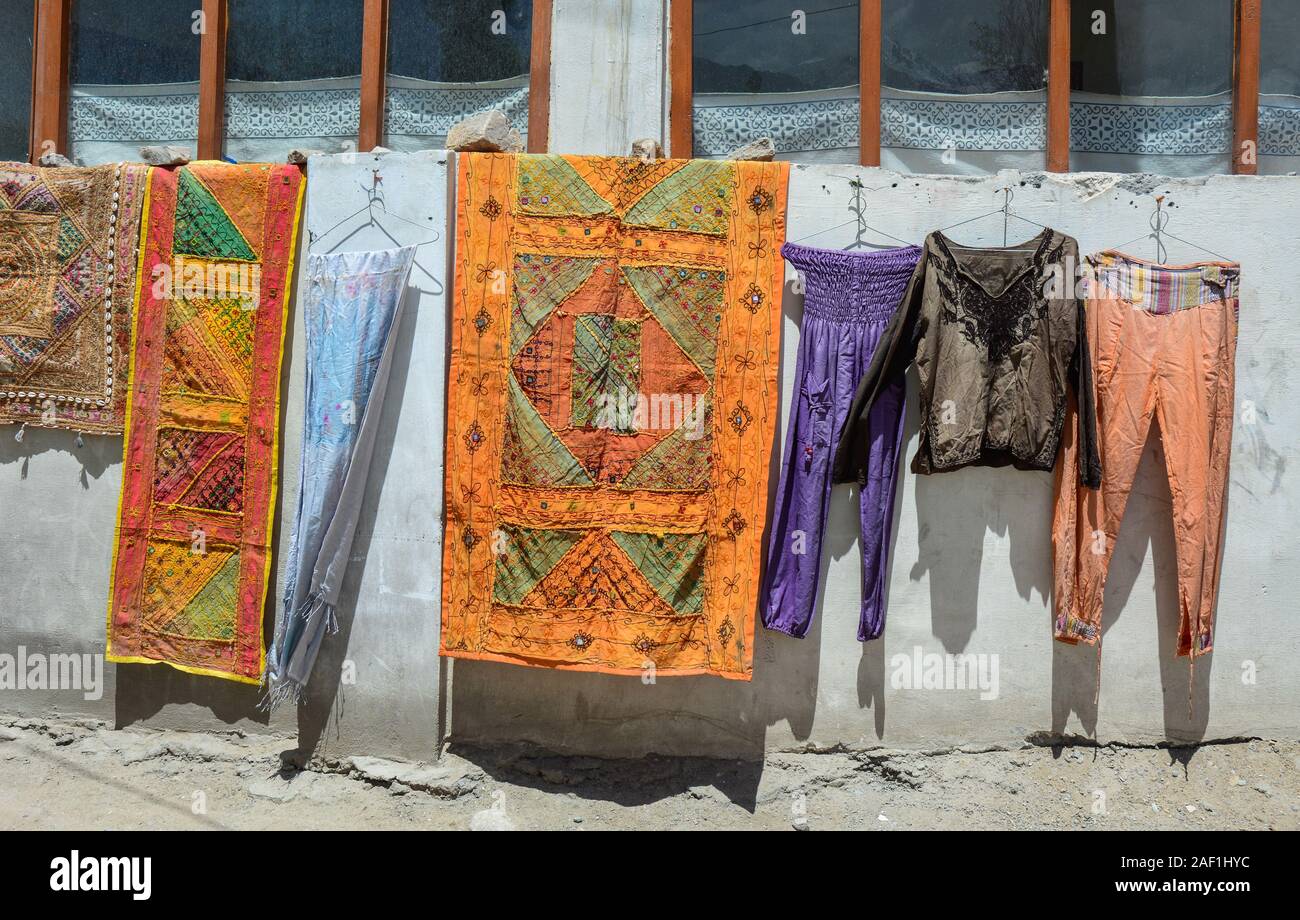 Textile for sale at local market in Leh Township, Ldakh, India Stock ...
