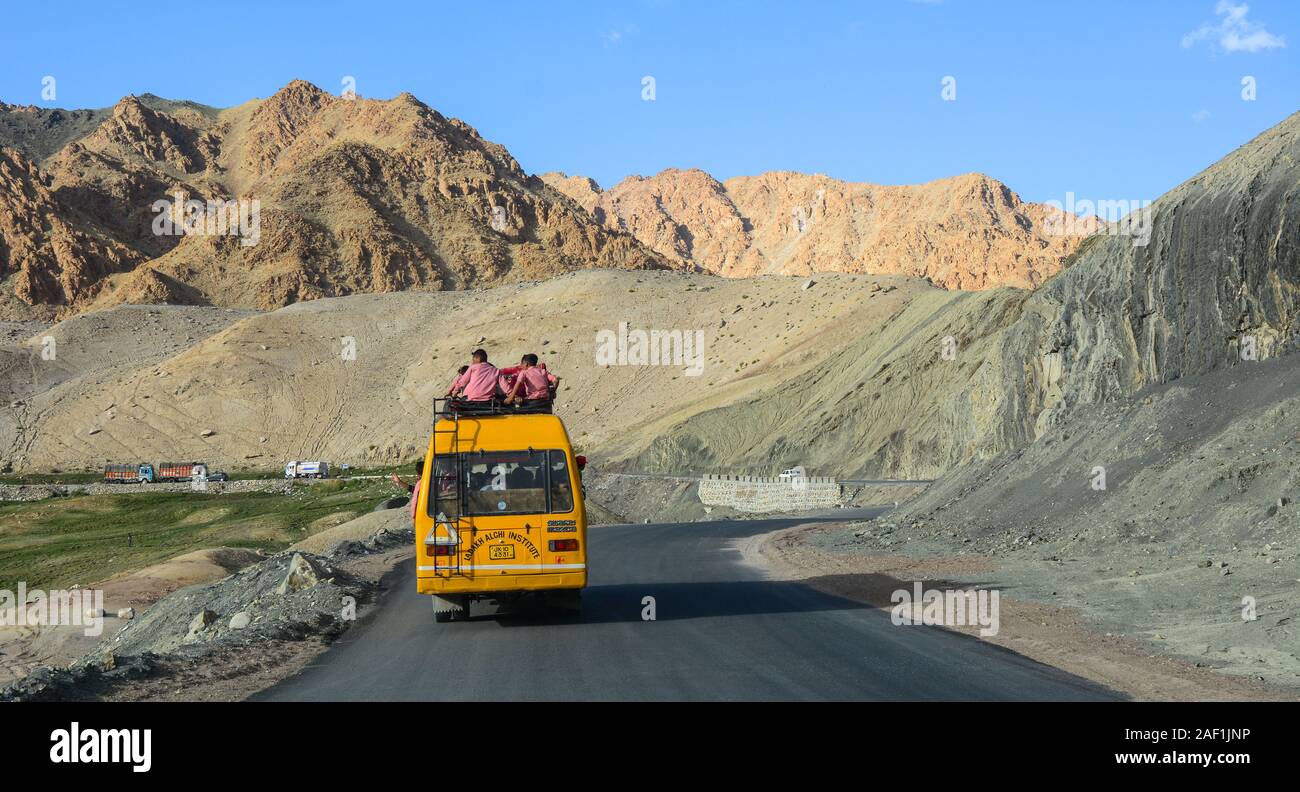 Ladakh, India - Jul 16, 2015. School bus on a rural road in Ladakh ...
