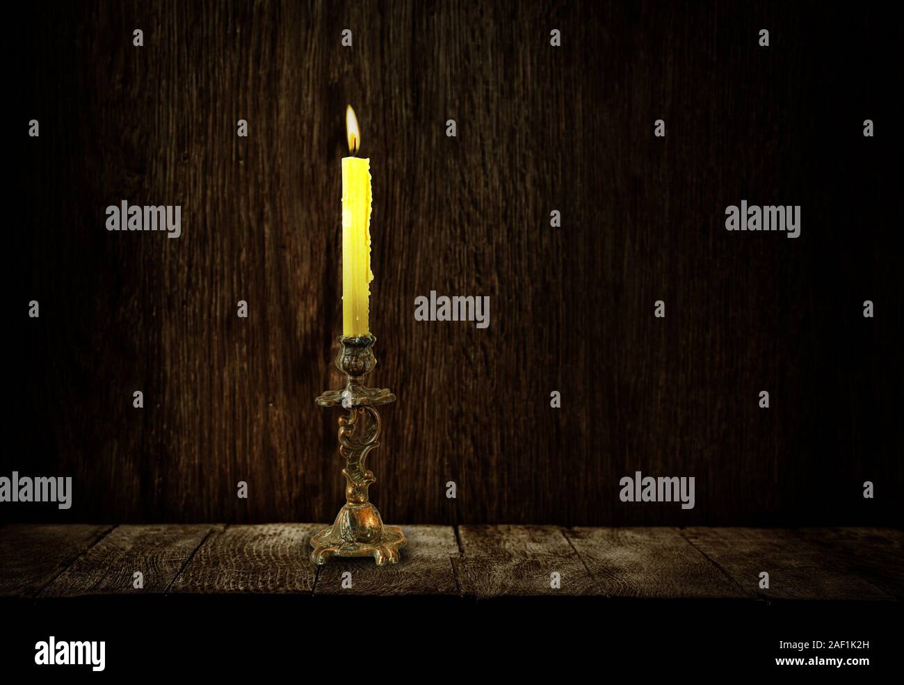 Retro Candelabra With Burning Candles on wooden dark background Stock ...