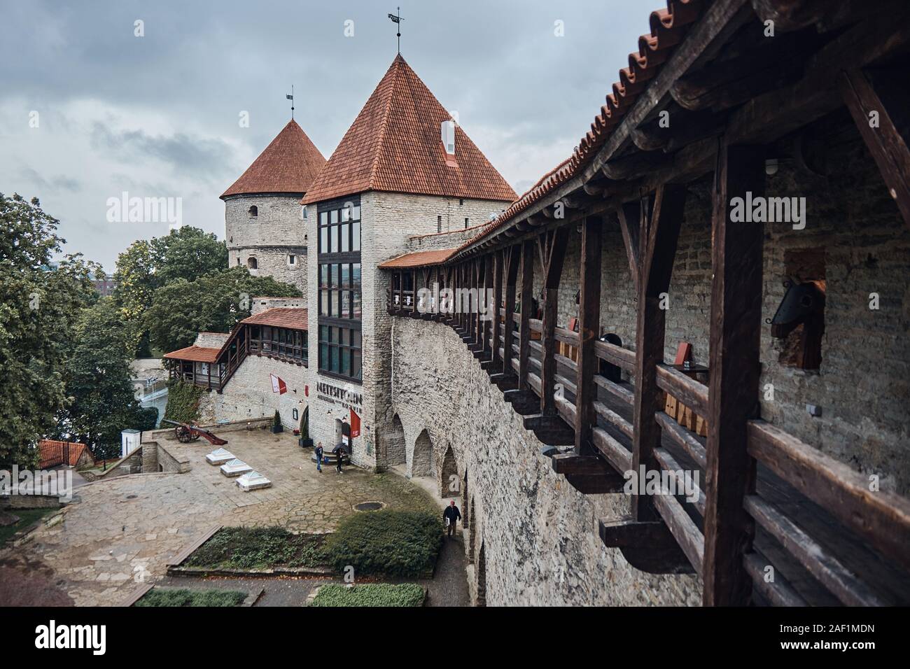 The walkway on an ancient wall of Tallinn old town on Toompea hill ...