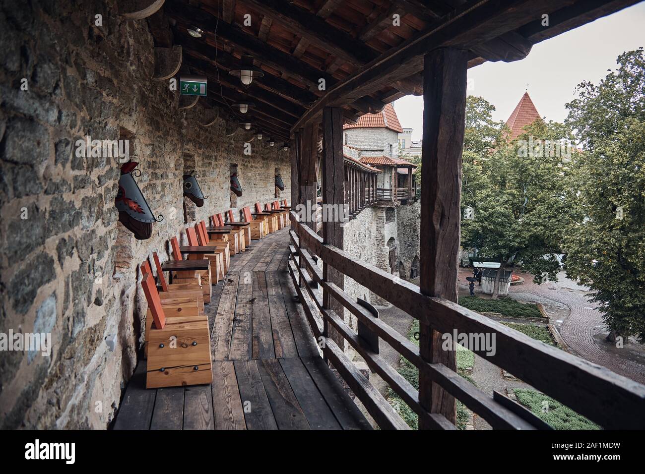 The walkway on an ancient wall of Tallinn old town on Toompea hill ...