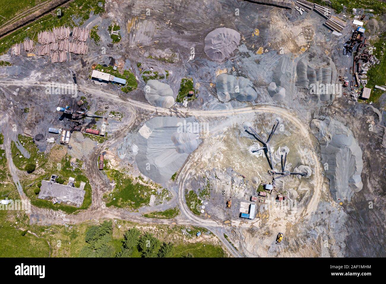 Aerial view of a small plant for the production and cleaning rubble and ...