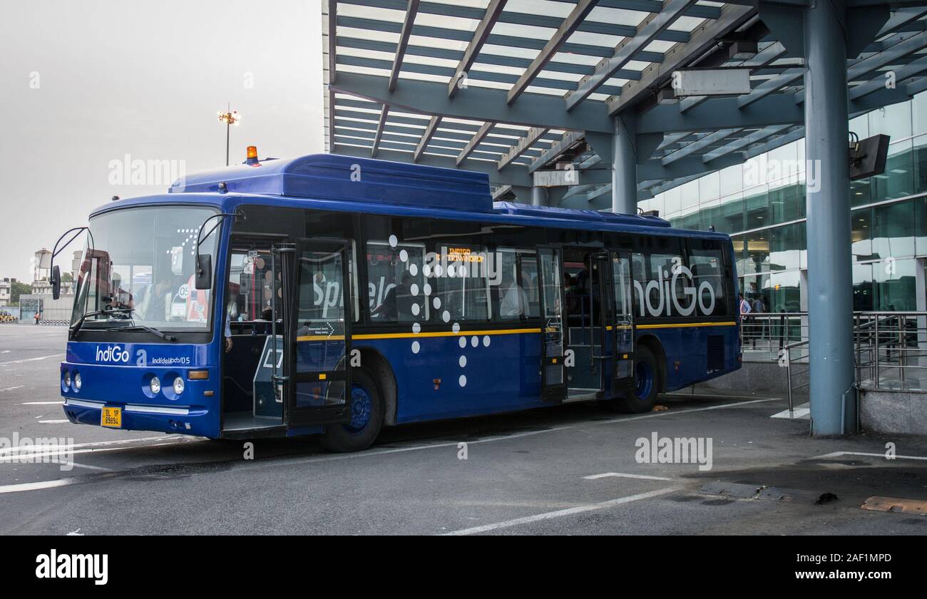 New Delhi, India - Jul 15, 2015. Passenger bus of IndiGo Airlines at ...