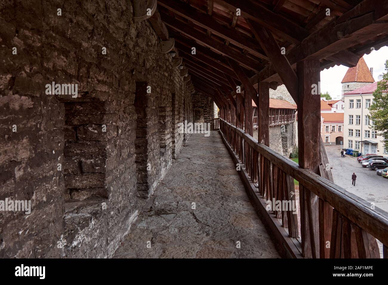 The walkway on an ancient wall of Tallinn old town on Toompea hill ...