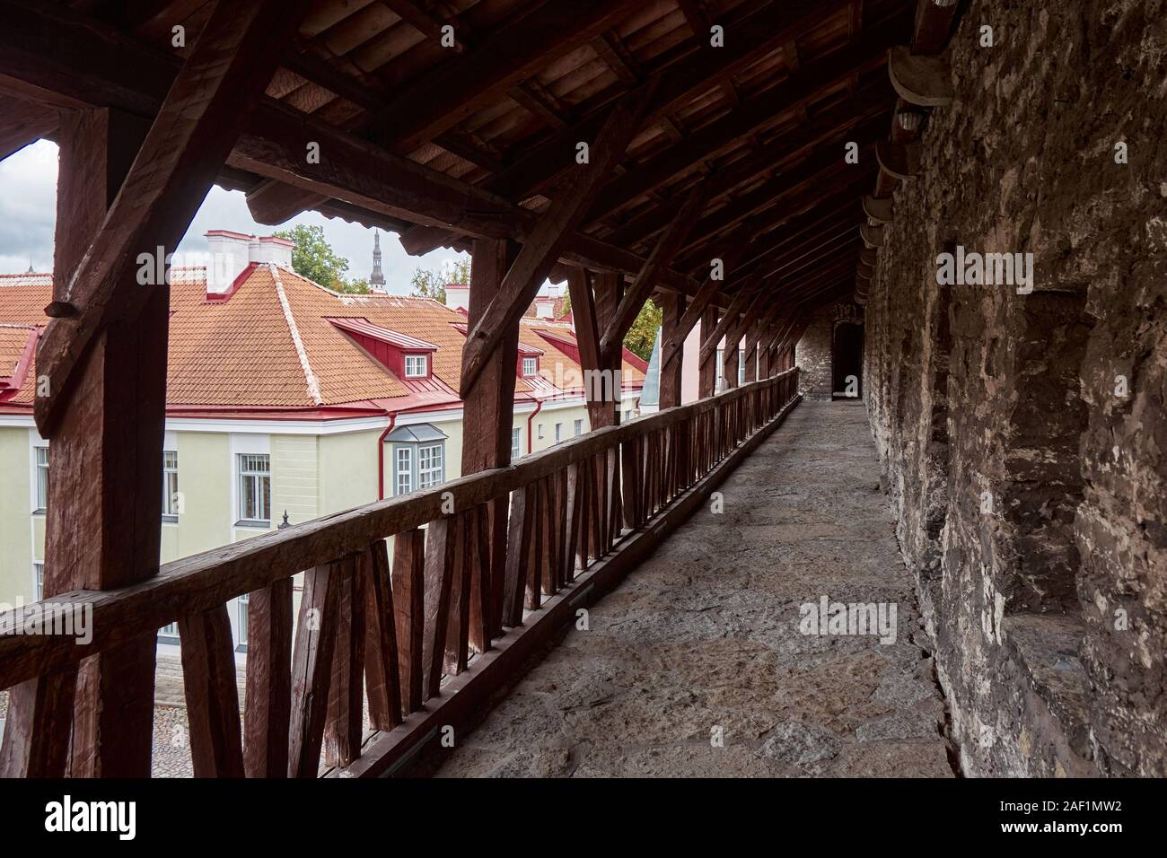 The walkway on an ancient wall of Tallinn old town on Toompea hill ...