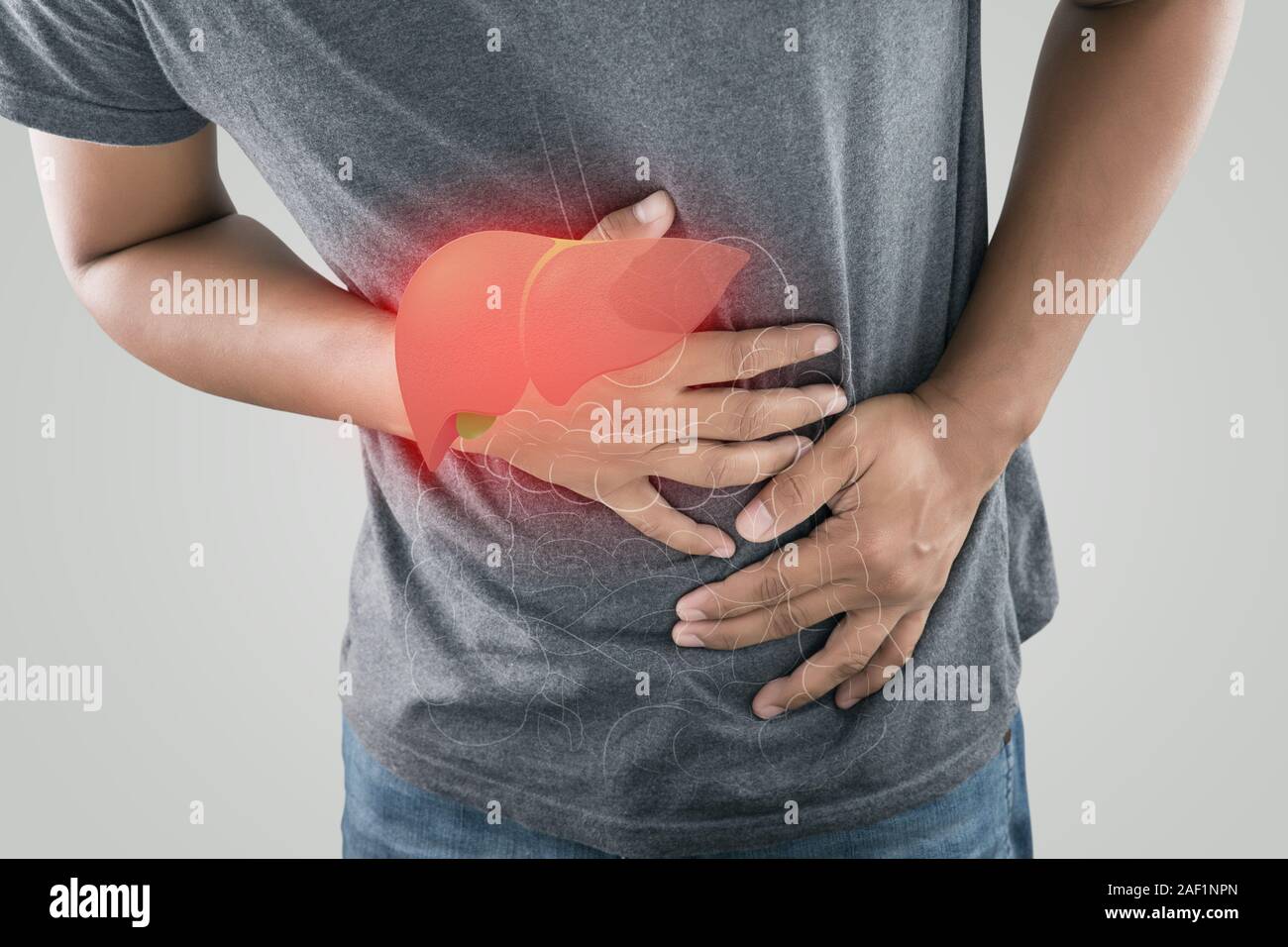 The photo of the large intestine is on the people body against gray ...