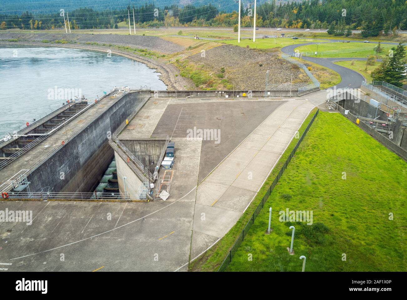 Overhead view of one of the fish ladders at the Bonneville Dam on the ...