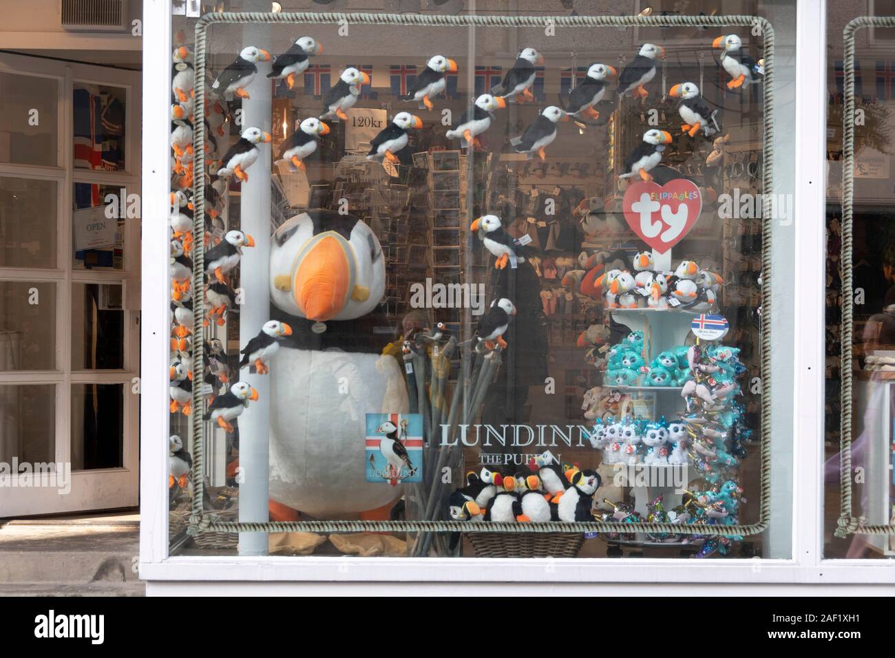 Souvenir shop with puffins in the window, Reykjavik, Iceland Stock ...