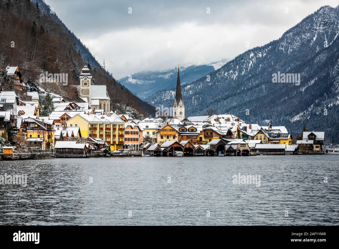 Scenic picture-postcard view of famous Hallstatt mountain village in ...