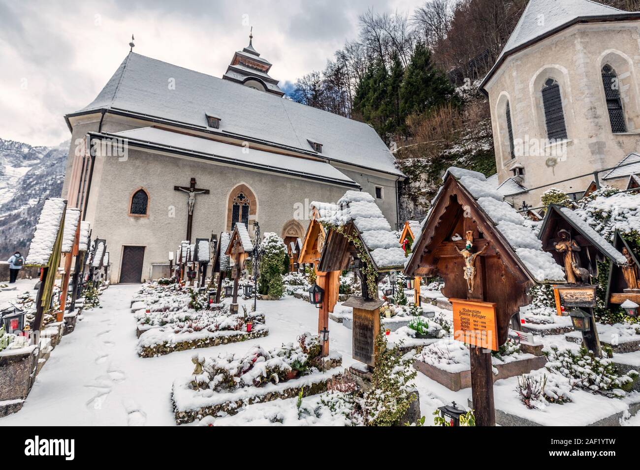 Hallstatt Austria - January 01, 2017: Graveyard at Hallstatt mountain ...