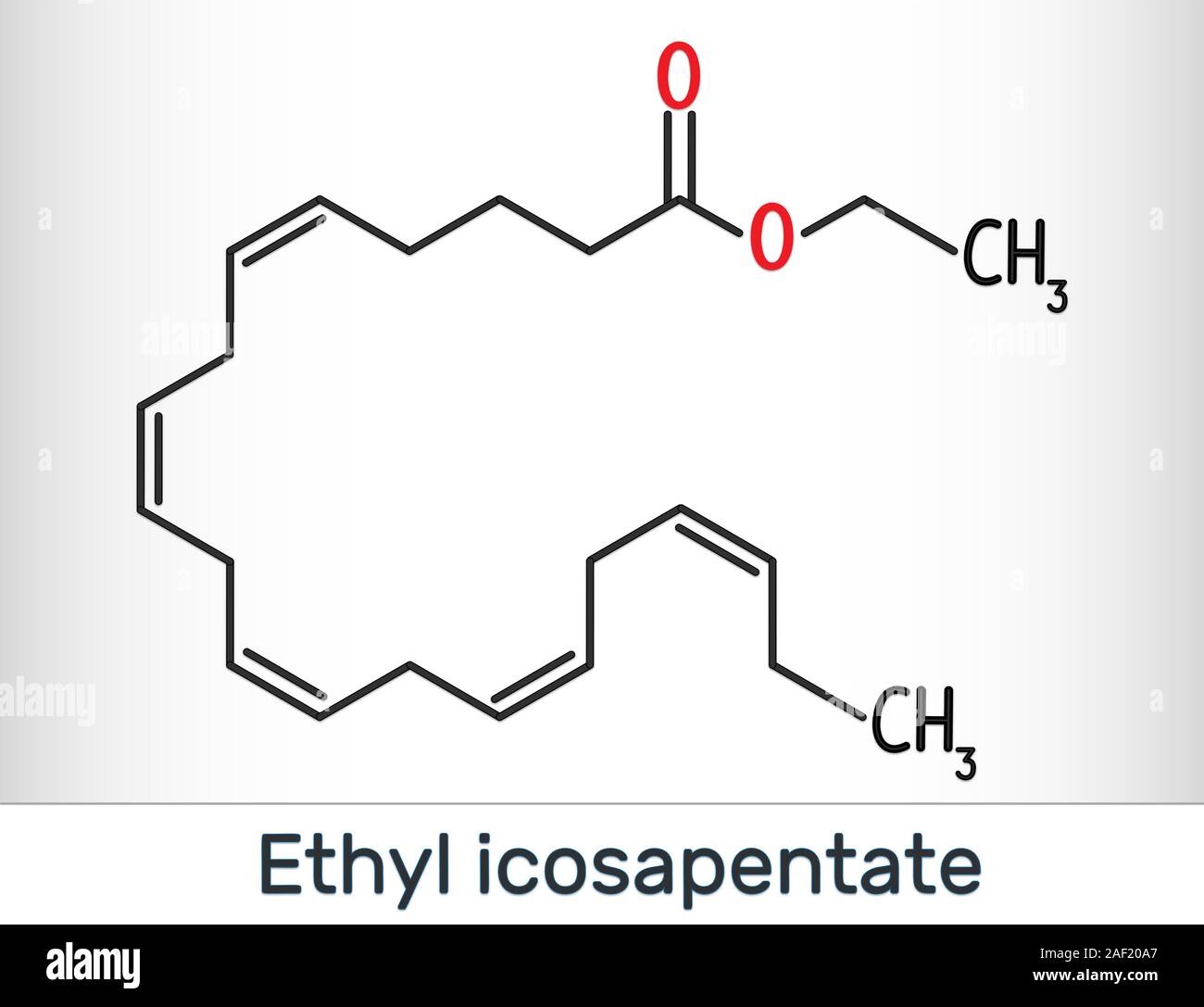 Ethyl eicosapentaenoic acid (icosapent ethyl) molecule. Skeletal ...