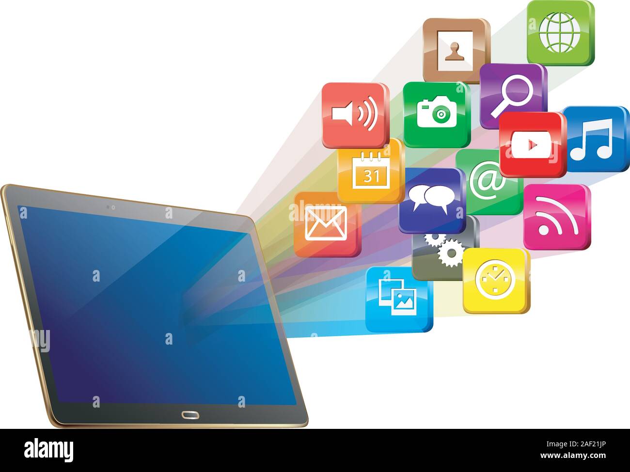 Tablet PC with isolated application icons against a white background ...