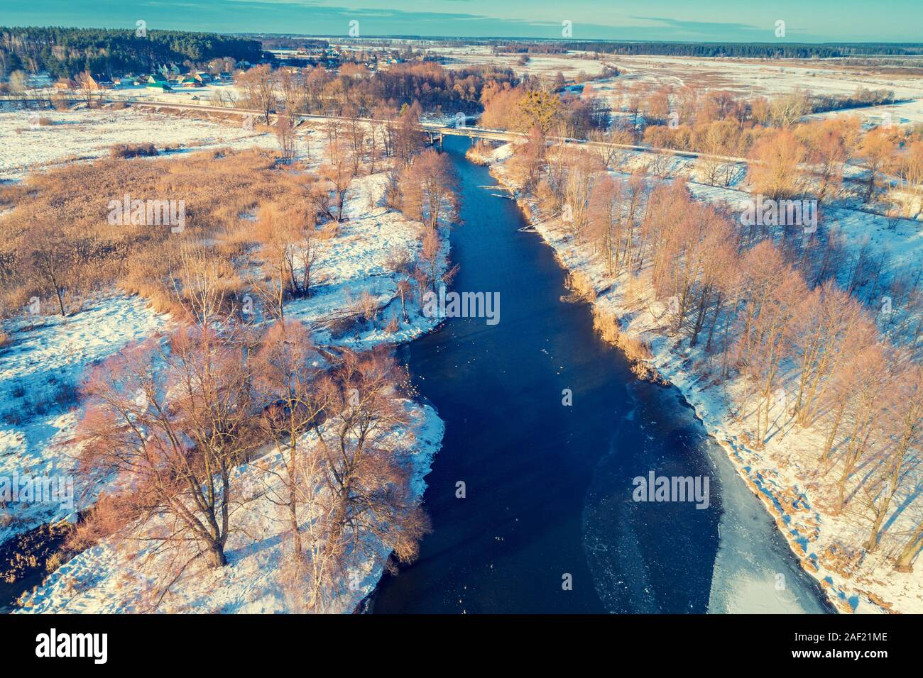 Spring rural landscape. Aerial view of a river near a village Stock ...