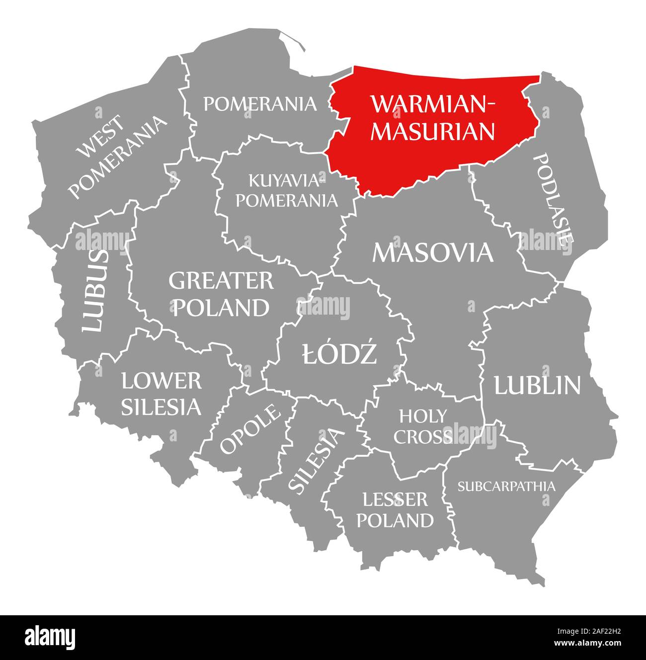 Warmian Masurian red highlighted in map of Poland Stock Photo - Alamy