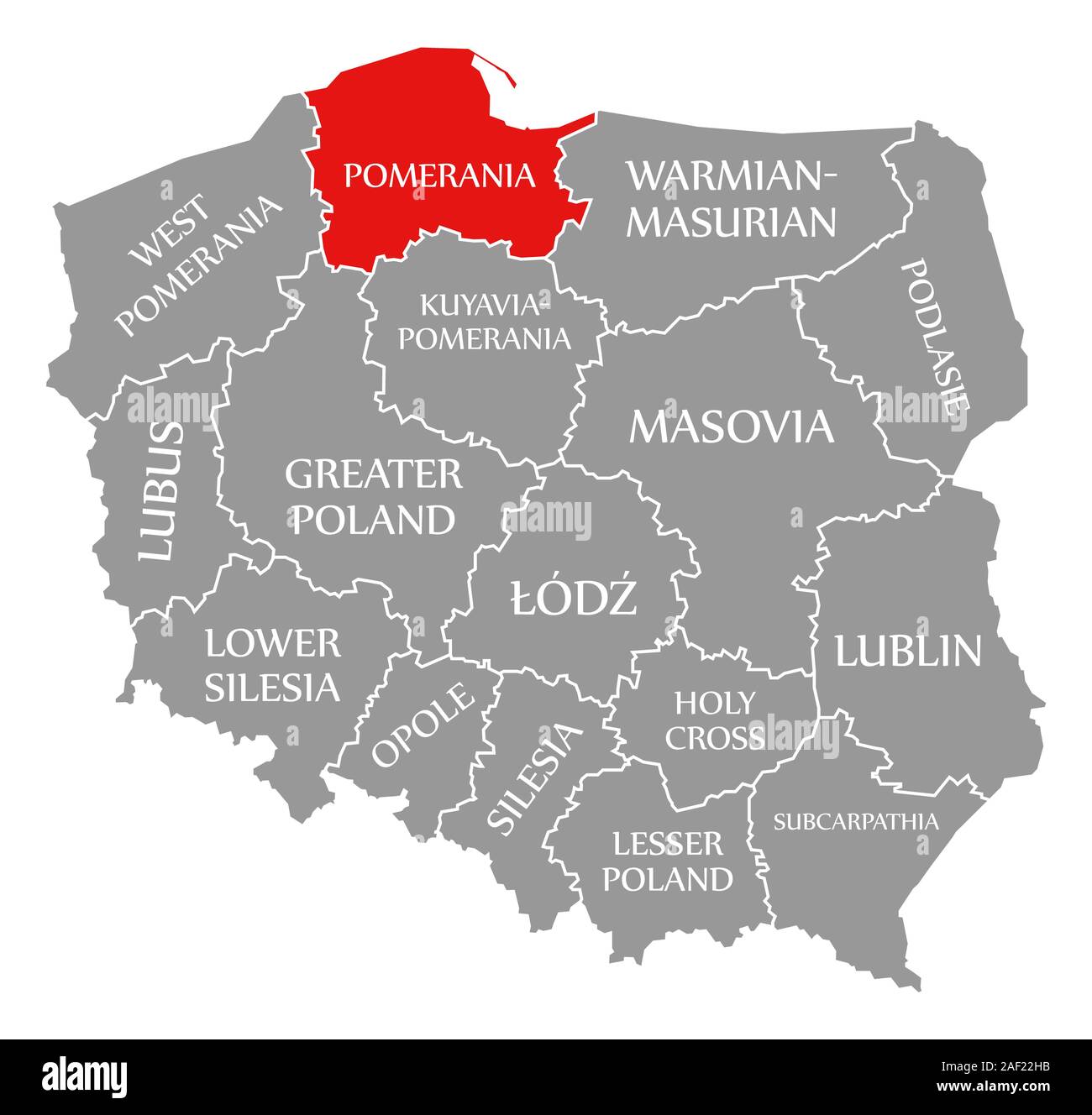 Pomerania red highlighted in map of Poland Stock Photo - Alamy