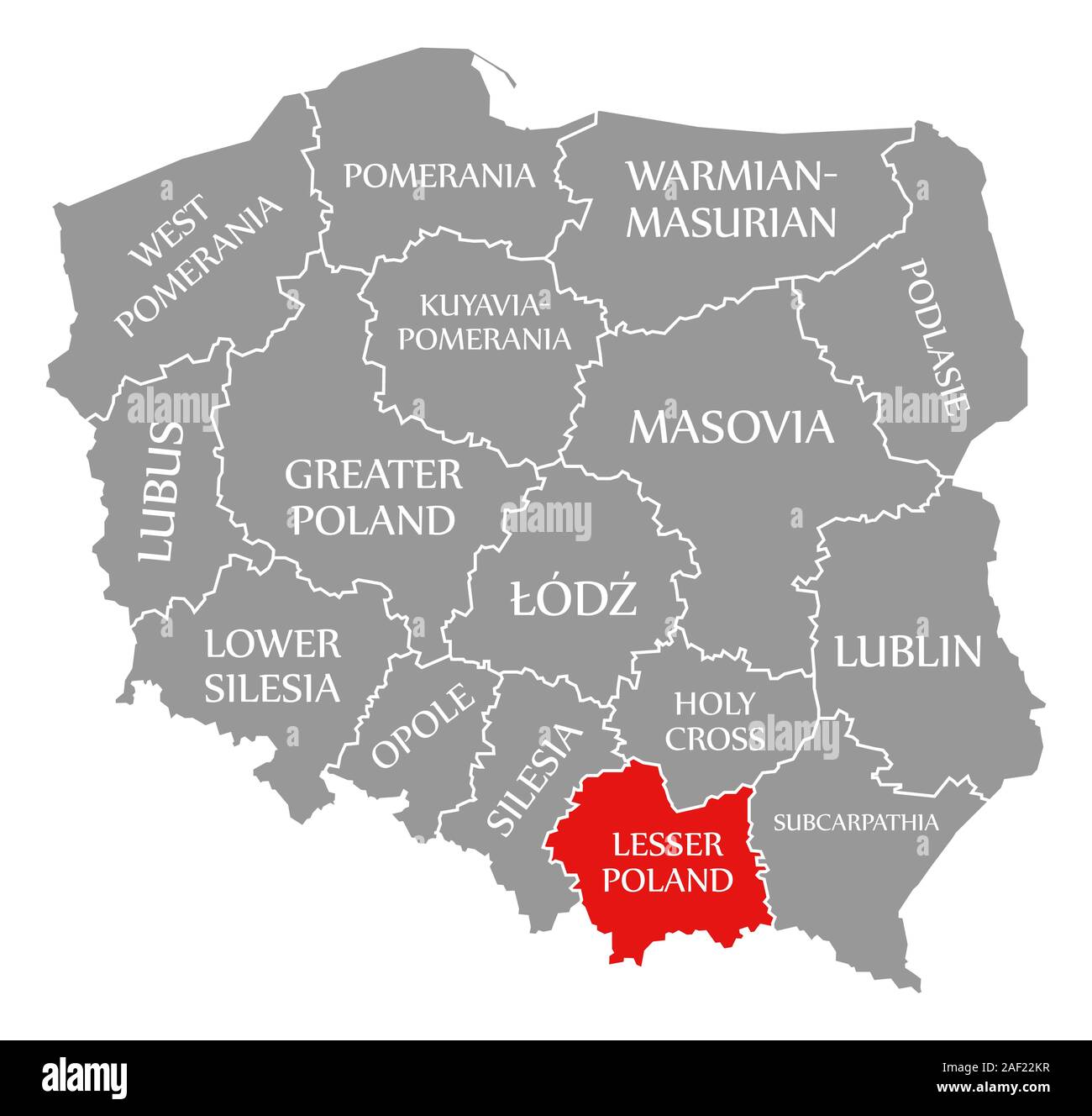 Lesser Poland red highlighted in map of Poland Stock Photo - Alamy