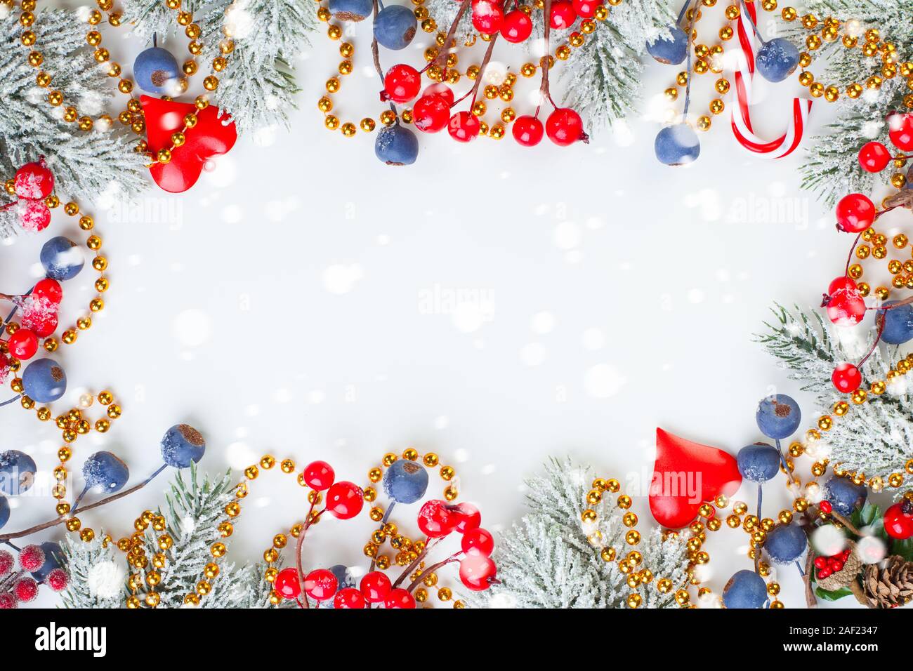 Christmas border background with snow and decorations. Xmas winter ...