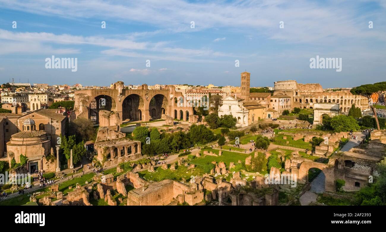 Panoramic view of the Roman Forum, Forum Romanum, the ruins of several ...
