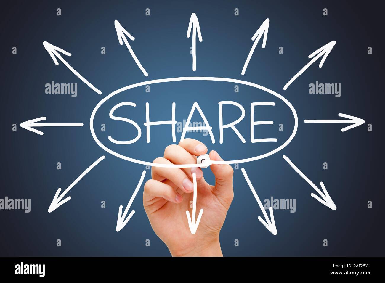 Hand drawing Sharing arrows concept with white marker on transparent ...