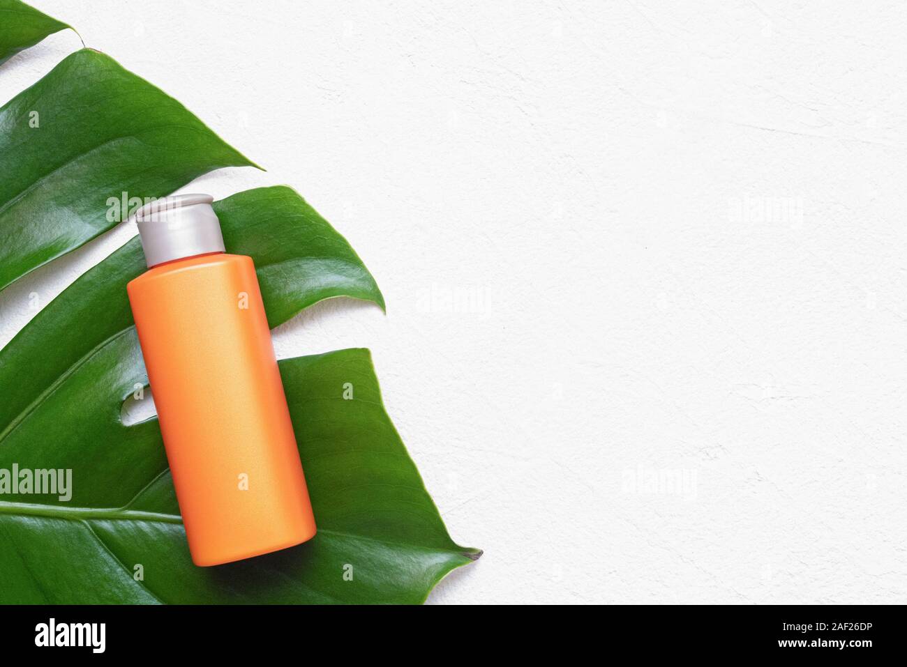 Sunblock or suntan cream bottle and green leaf over white background ...