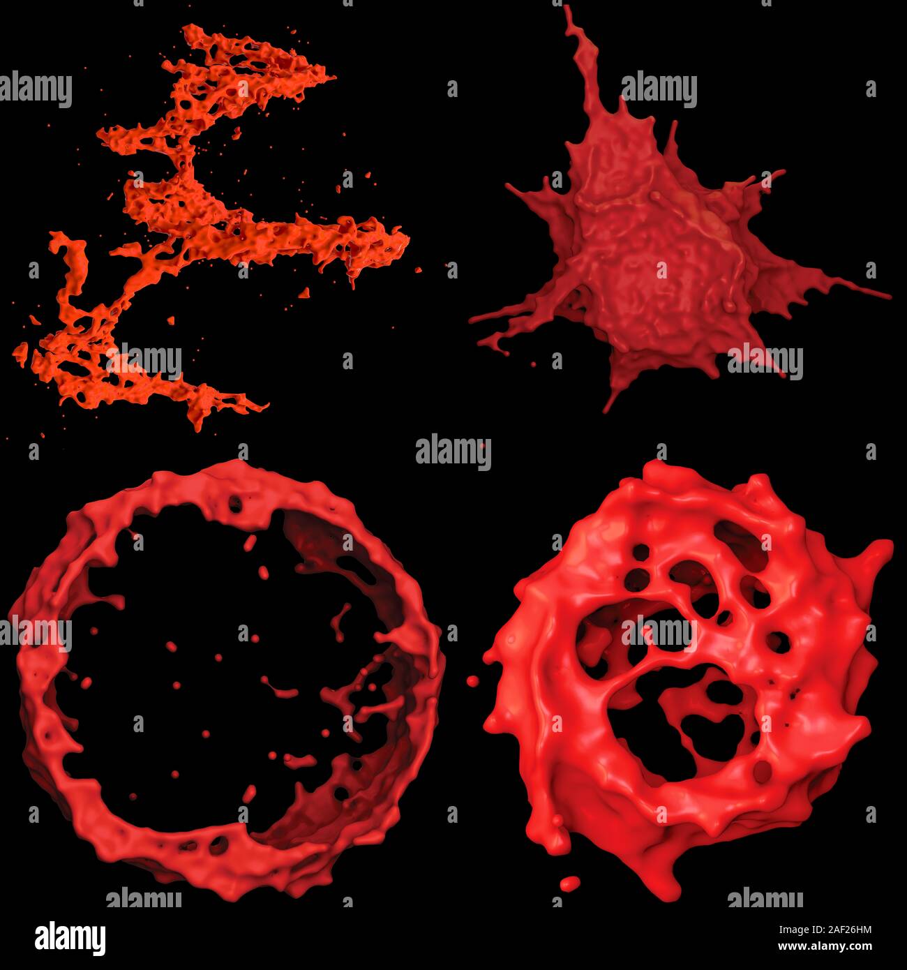 Set of 3D Red Paint Splash Renderings isolated on black background ...