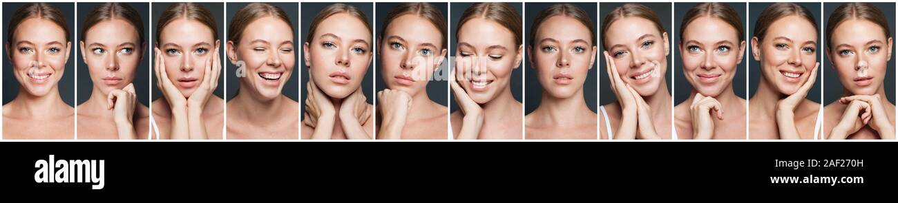 Pretty women faces portrait collage. Emotions, emotional expression set ...